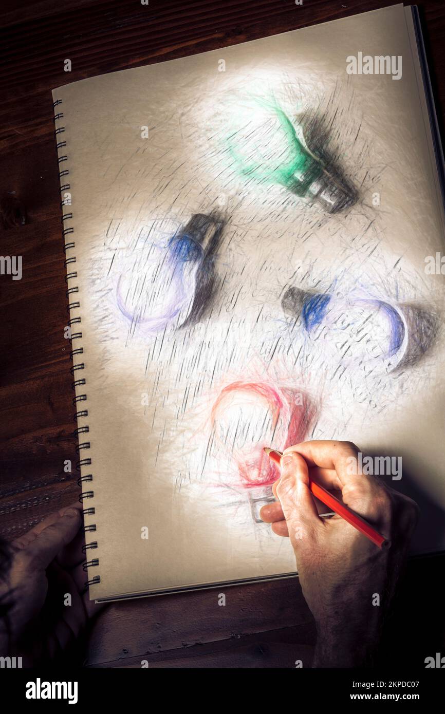 Hand of a creative writer illustrating light bulbs and words when ...