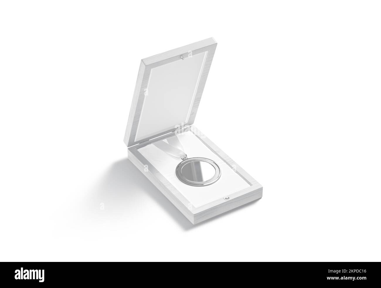 Blank silver medal in box mockup, side view, 3d rendering. Empty wood ...