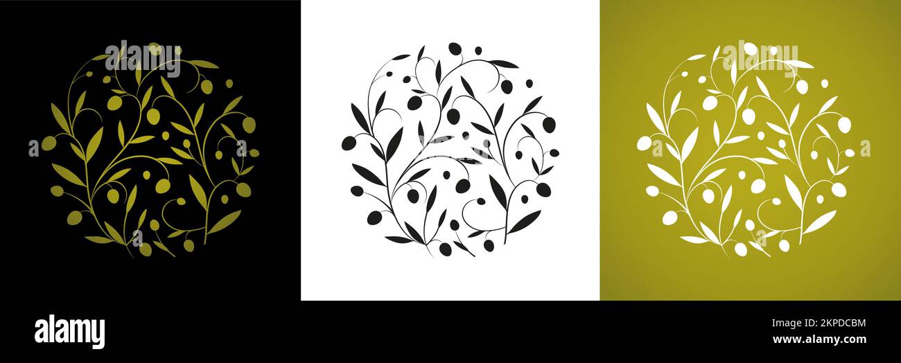 Abstract circular image of graphic elements related to olives and olive ...