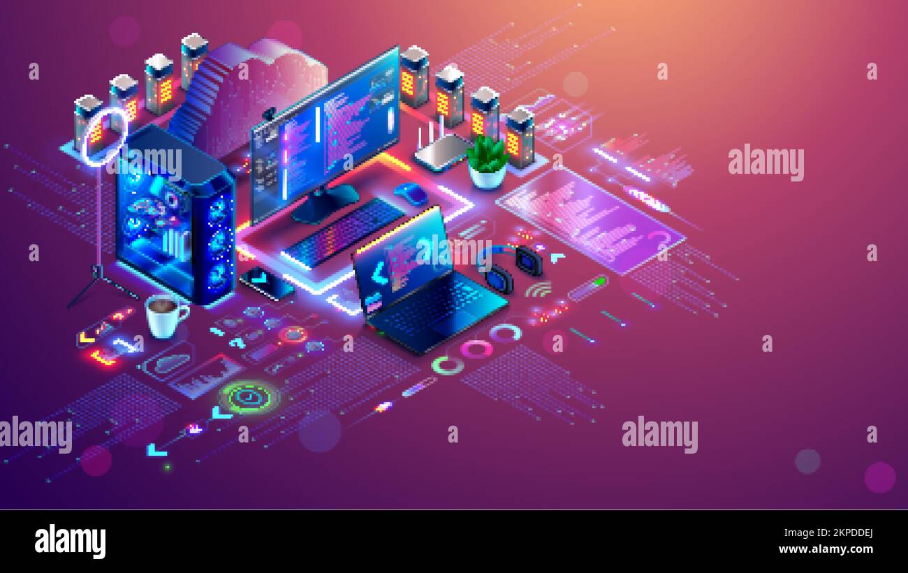 Software development isometric concept. Web design, develop app of different devices. Create ...