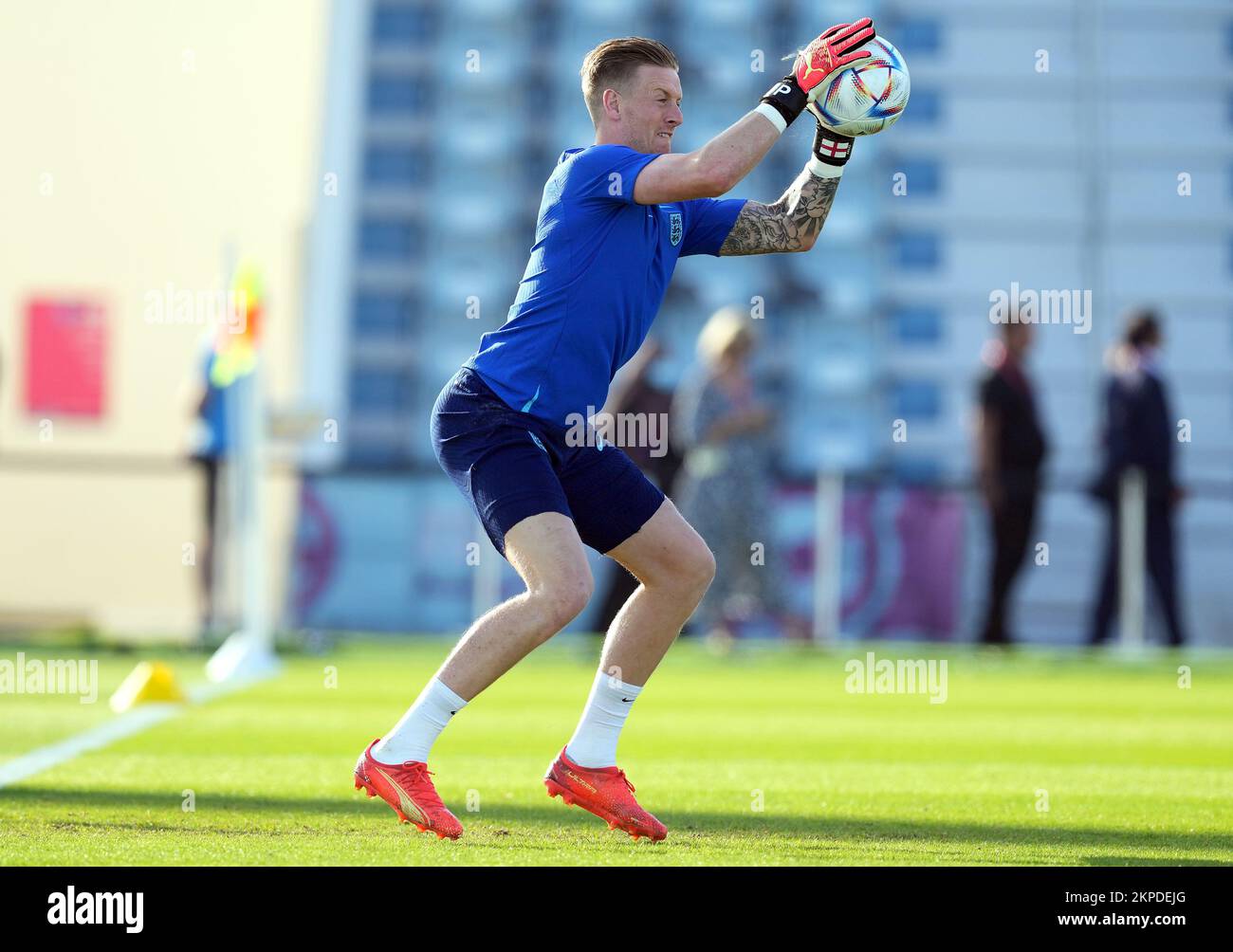 England goalkeeper Jordan Pickford during a training session at the Al ...