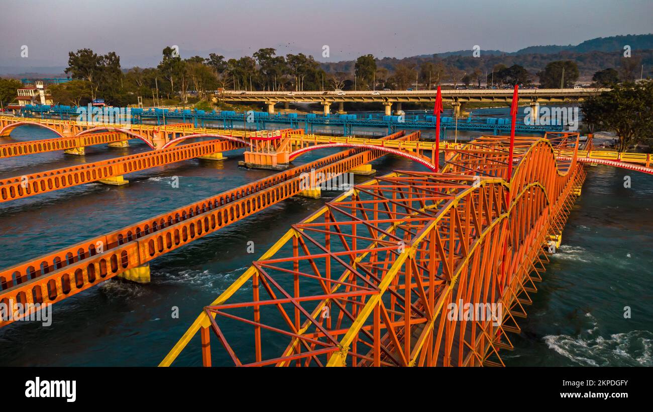 A beautiful view of the Iron Bridge over Ganges river in the evening in ...