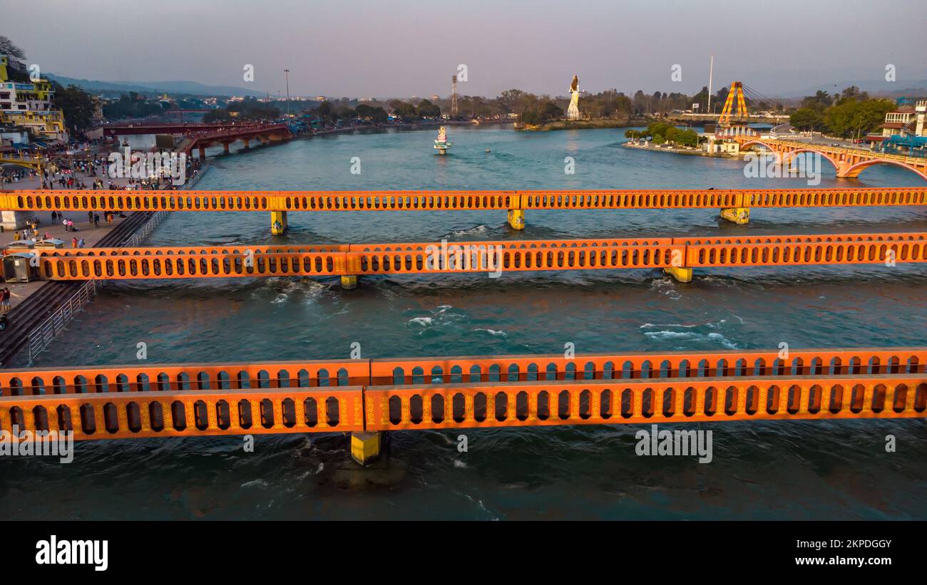 A beautiful view of the Iron Bridge over Ganges river in the evening in ...