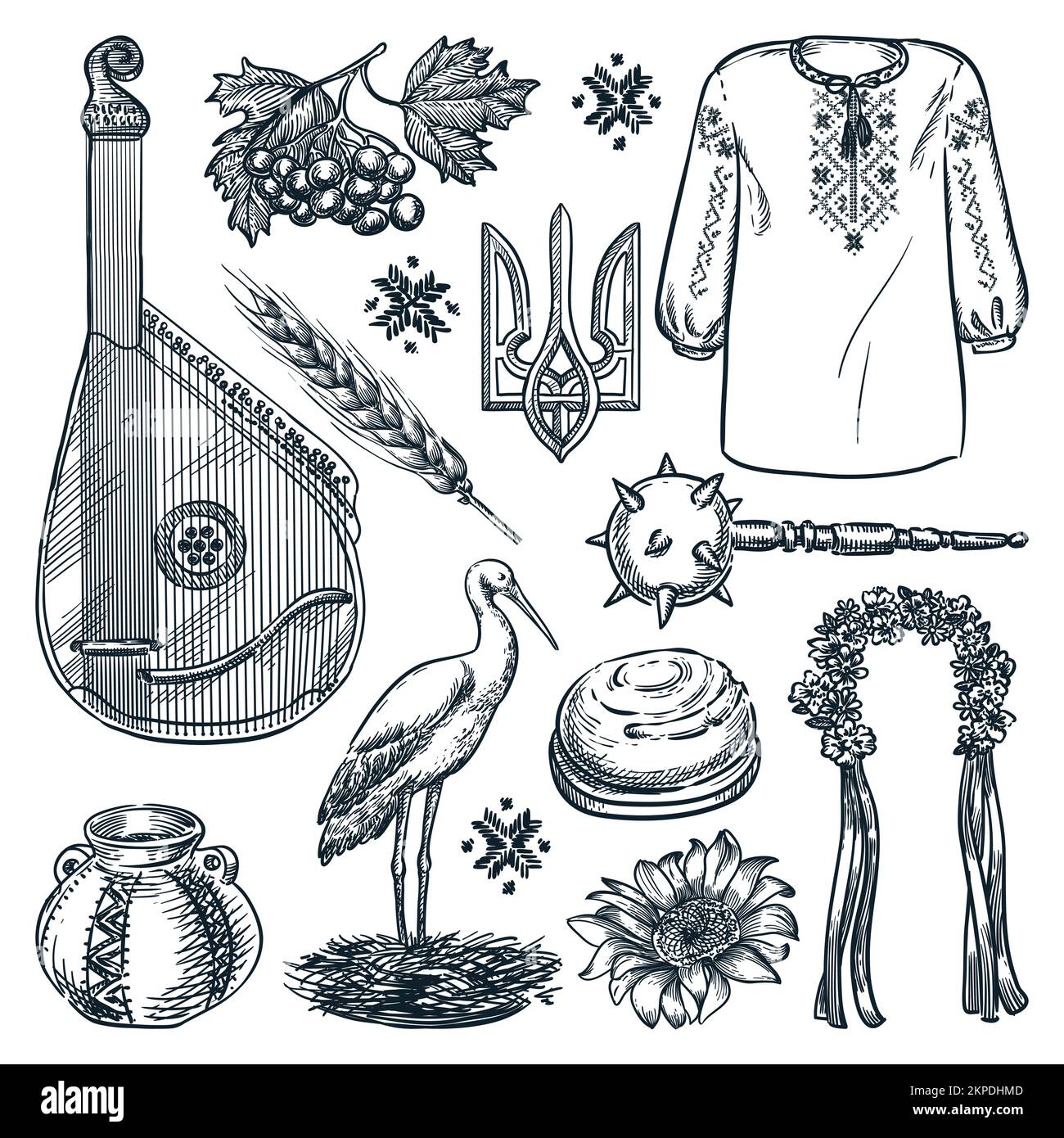 Ukrainian national symbols and icons isolated on white background ...