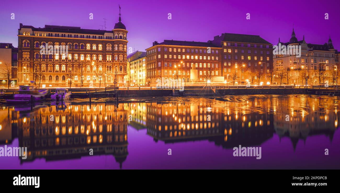 Helsinki, Finland. Very Peri Starry Sky. View Of Pohjoisranta Street In ...