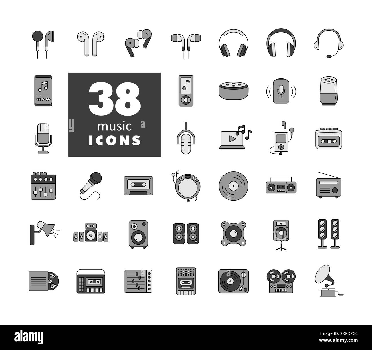 Multimedia devices and color symbols grayscale icons set. Graph symbol ...