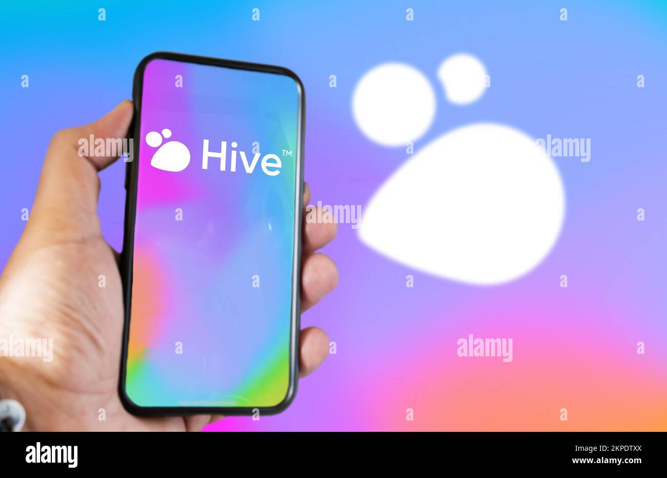 San Francisco, US, Nov 2022: hand holding a phone with Hive Social ...