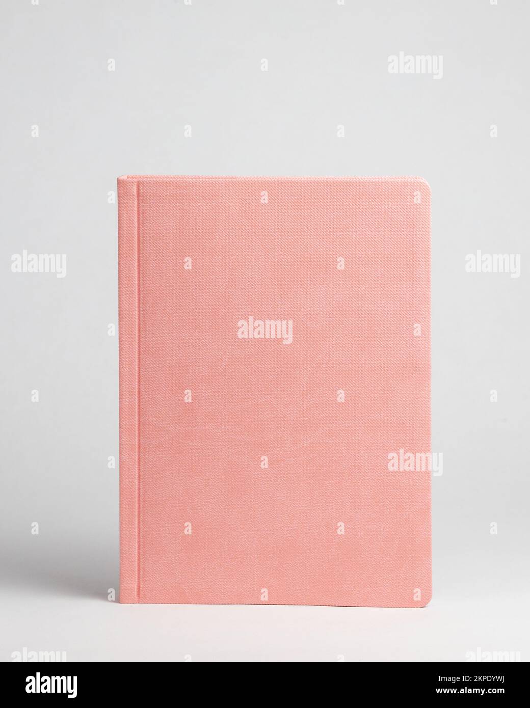 Pink diary standing on table on white background. Front side Stock ...