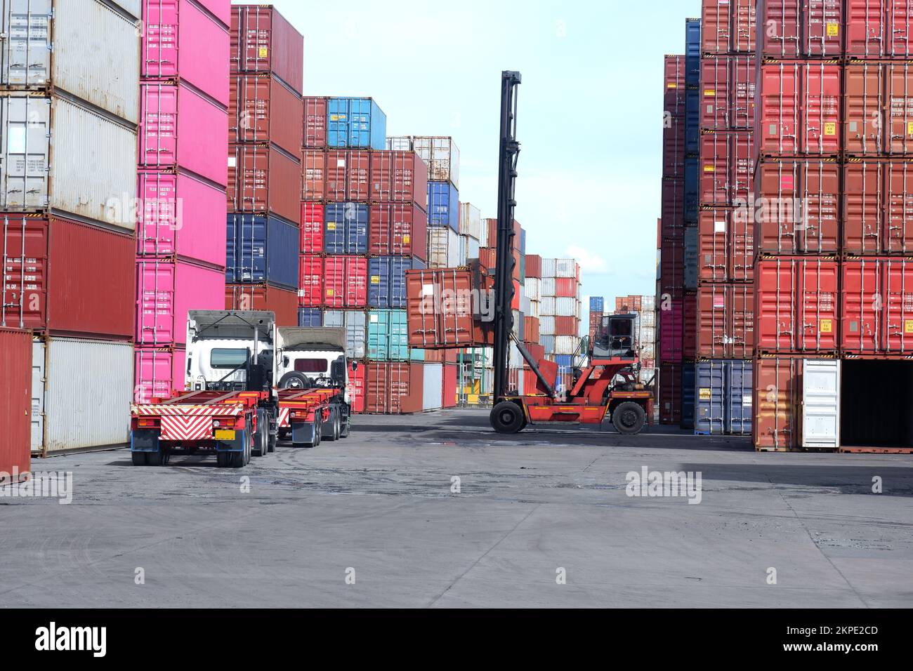 Container forklifts and trucks in the container yard Stock Photo - Alamy