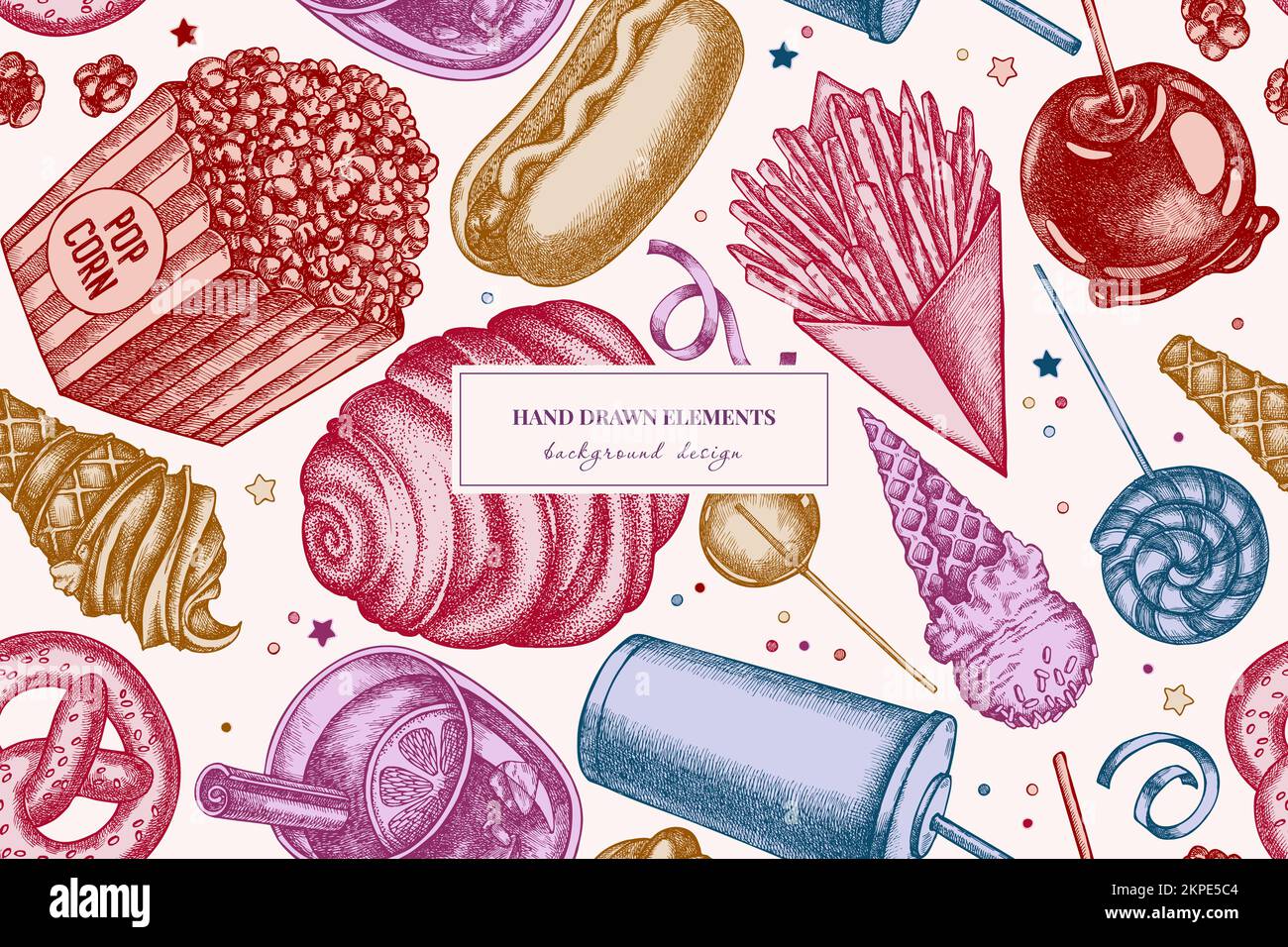 Carnival food seamless pattern background design. Engraved style. Hand ...