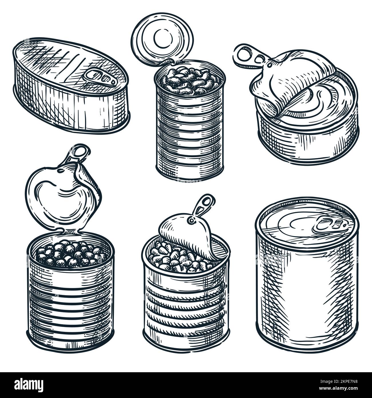 Metal cans, jars containers set isolated on white background. Food in ...