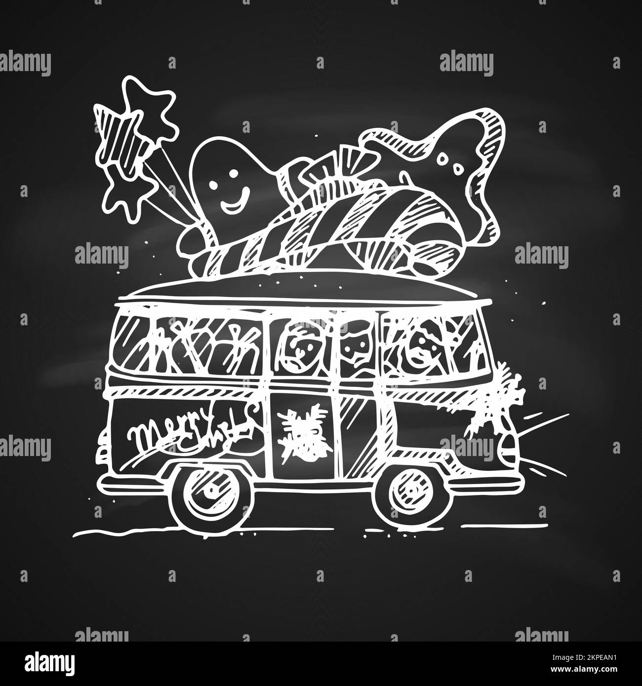 Chalk Drawing Artistic Doodle Icon. Christmas Bus with Gifts. New Year ...