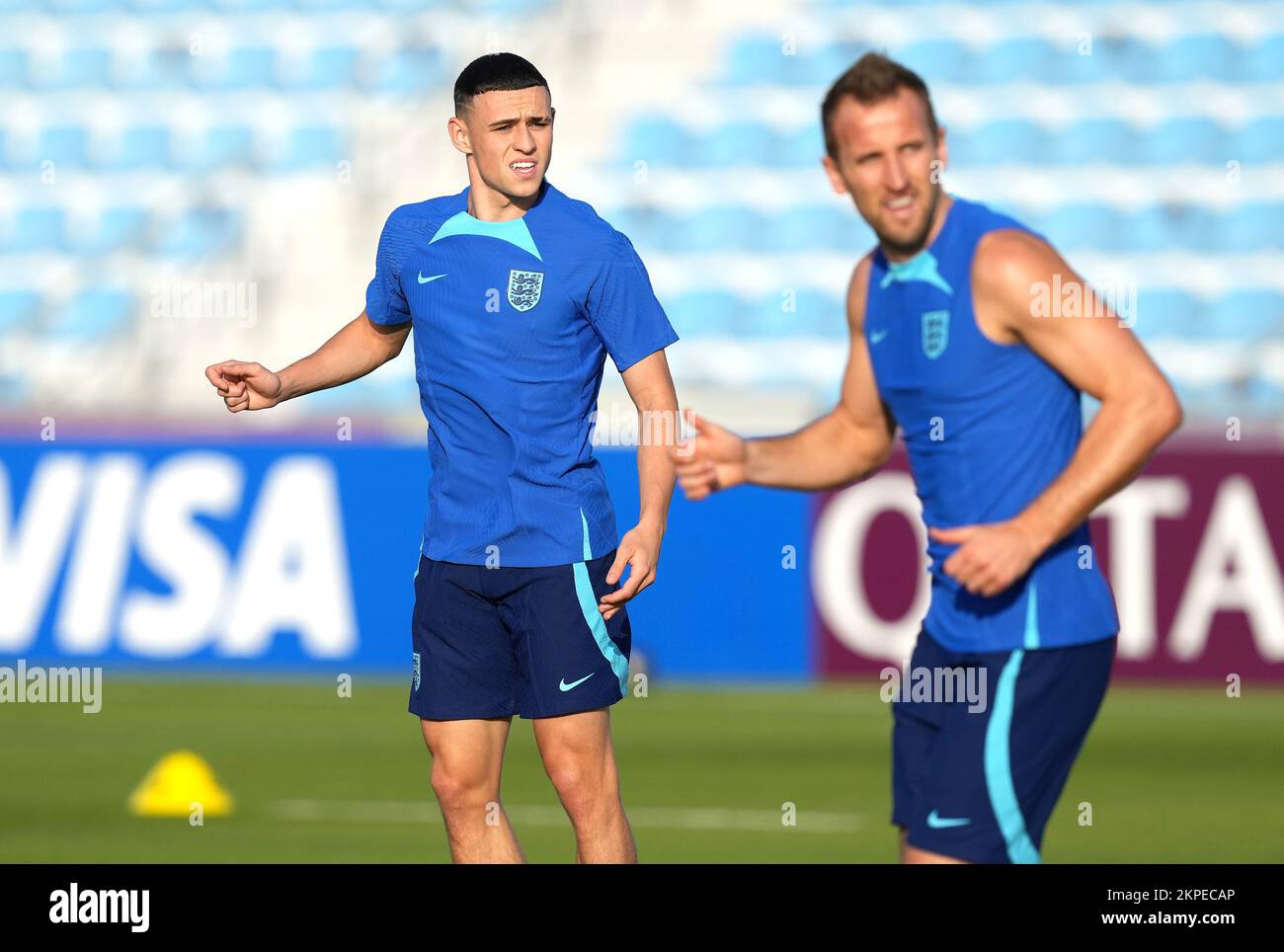 England's Phil Foden (left) and Harry Kane during a training session at ...
