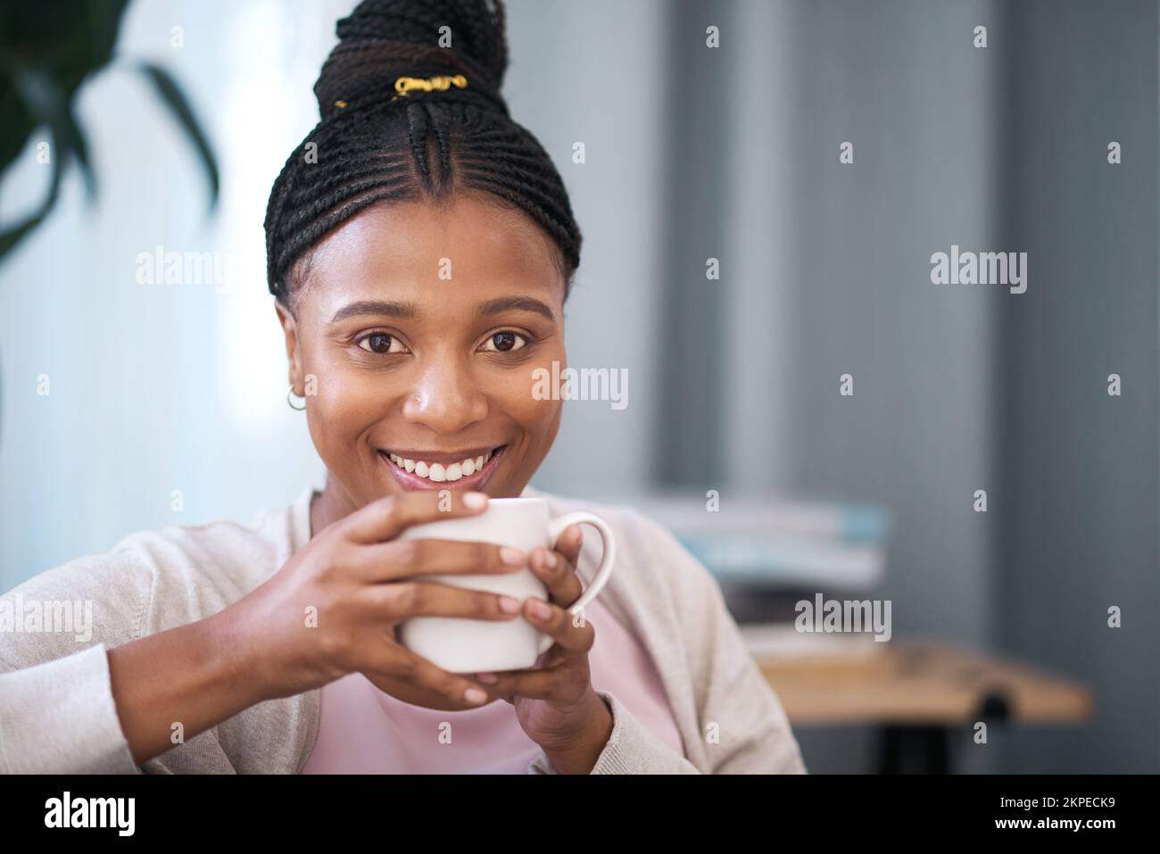 Relax, coffee and smile with portrait of black woman for content ...