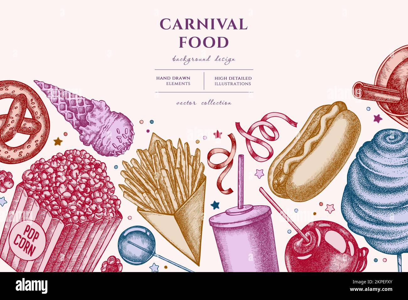 Carnival food hand drawn illustration design. Background with vintage ...