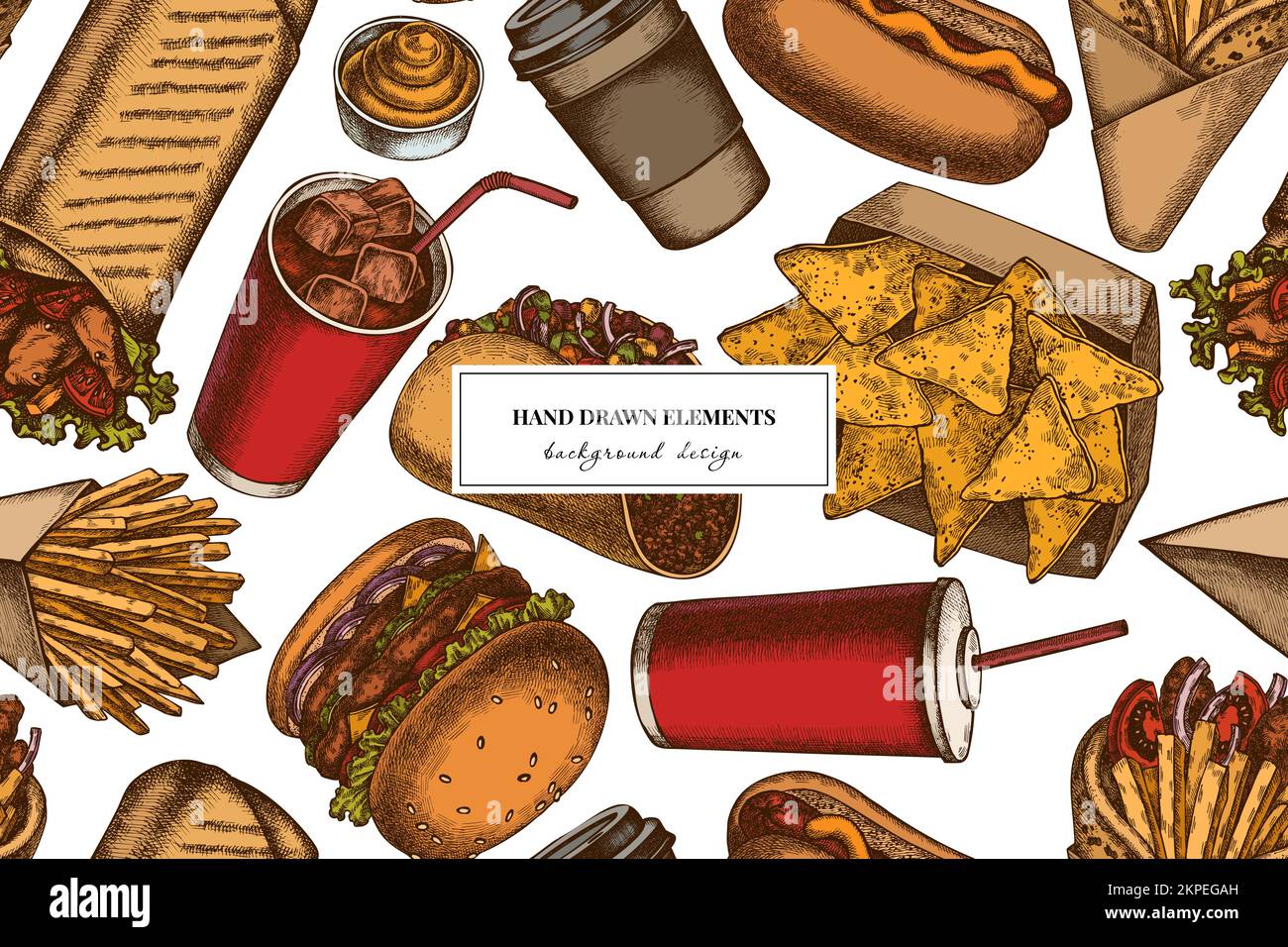 Street food seamless pattern background design. Engraved style. Hand ...