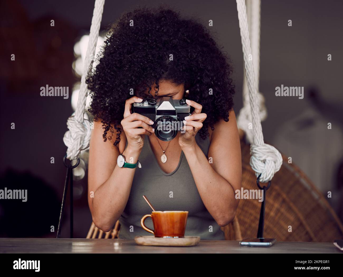 Woman influencer, camera photography and coffee shop, cappuccino and ...