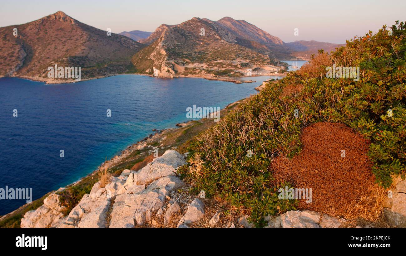 Southwestern tip of Turkey. Sunset from the ancient city of Datca Knidos. Yazikoy village harbor ...