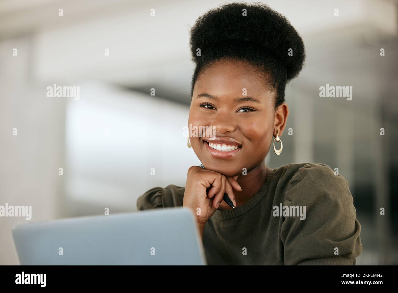 Portrait of black woman, office employee and laptop for email ...