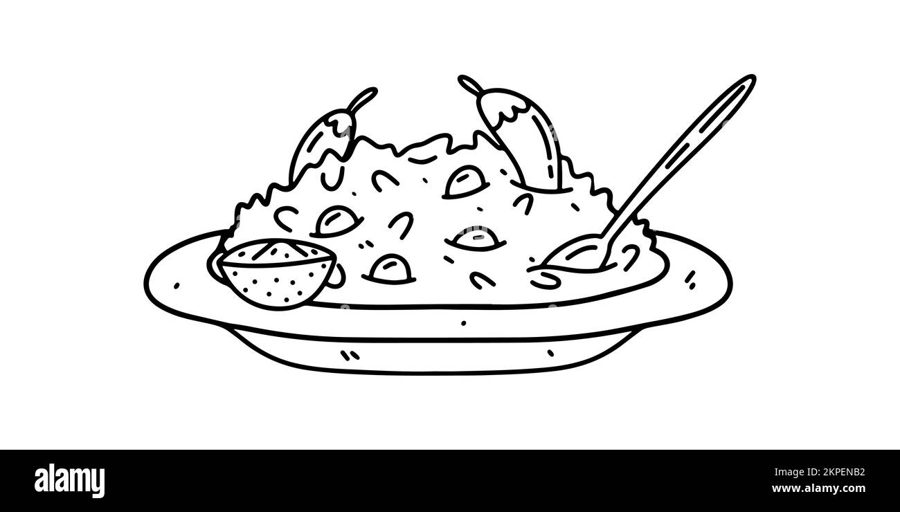 Stewed Beans with Rice in hand drawn doodle style. Traditional Cuban ...