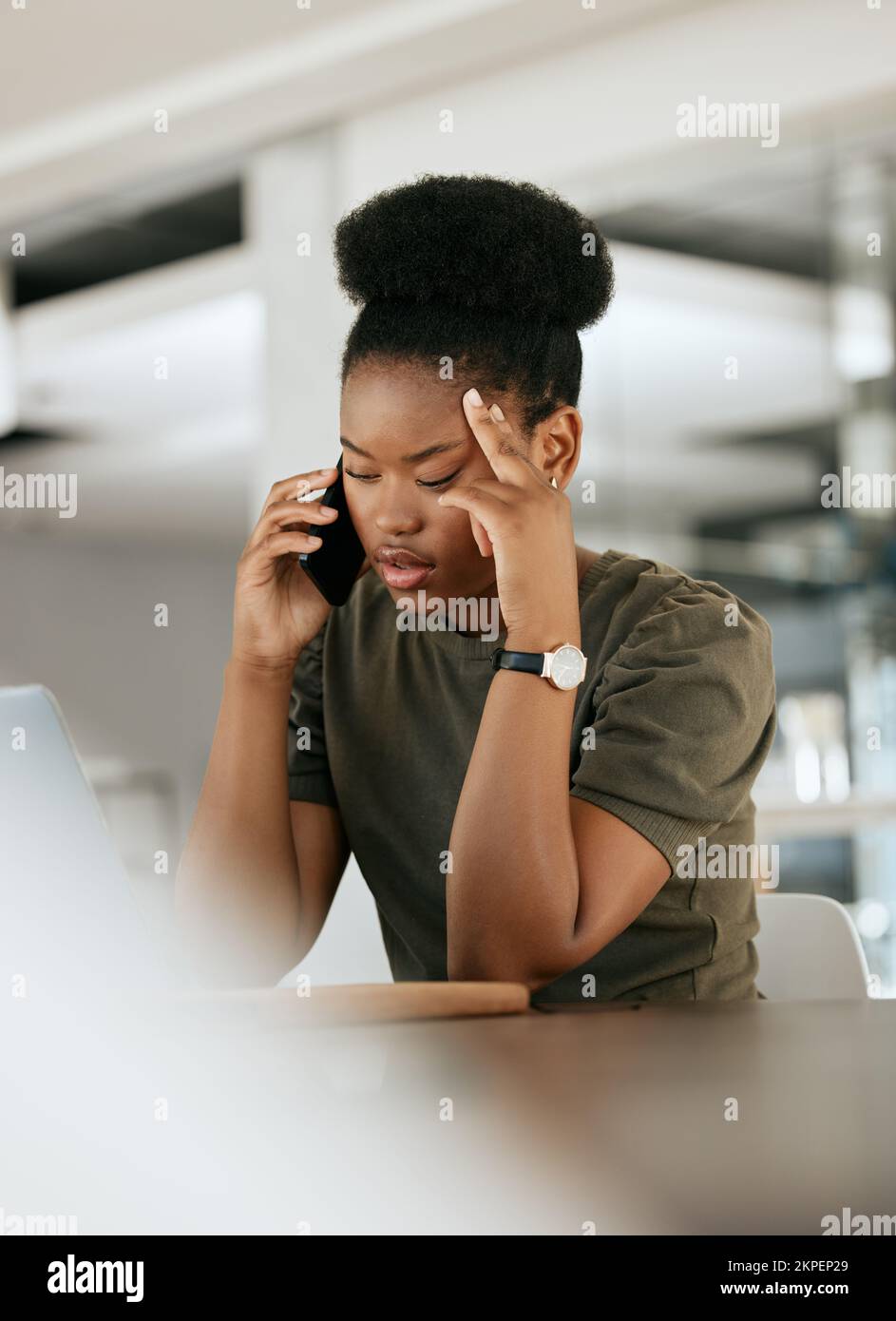 Headache, phone call and black woman with business, burnout experience ...