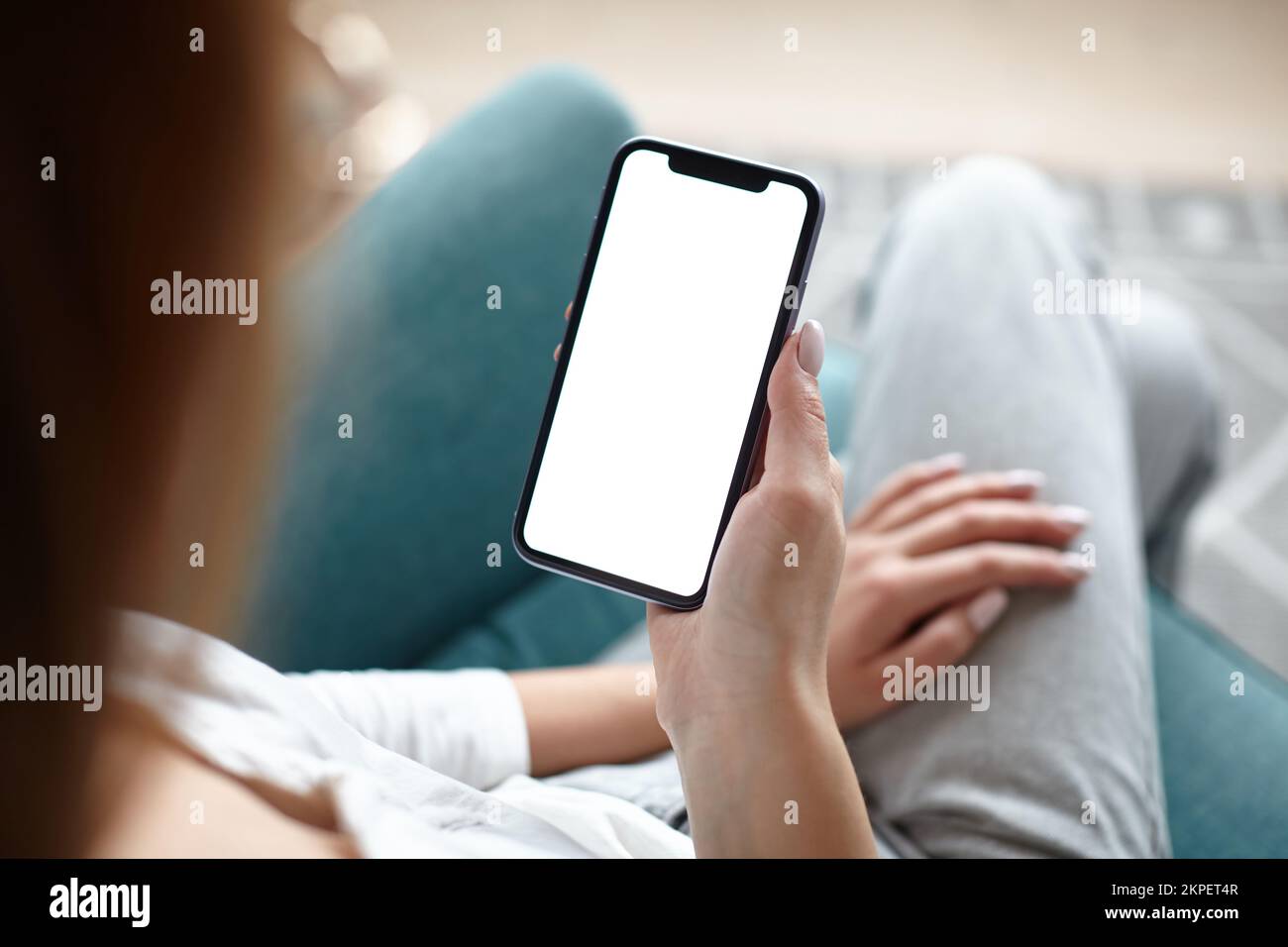 Mock up white screen blank mobile phone in woman hands holding Back ...