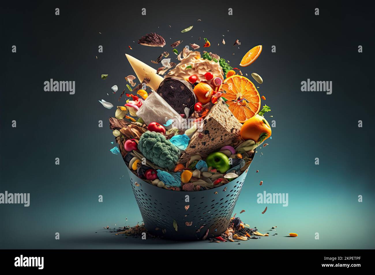 Trash is strewn all around a garbage can on a studio background ...