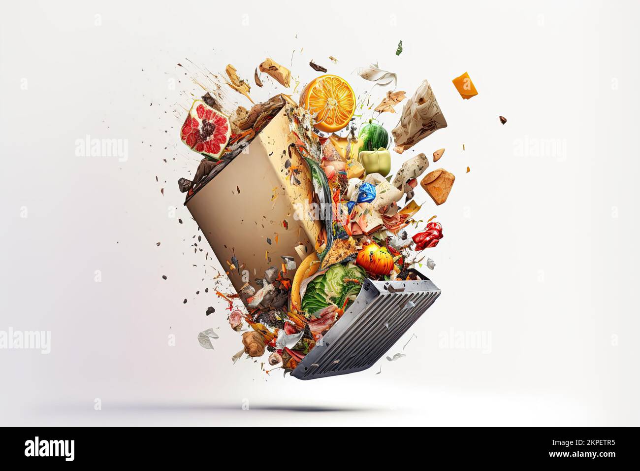 Garbage trash-can scattered all around on white background. Concept of ...