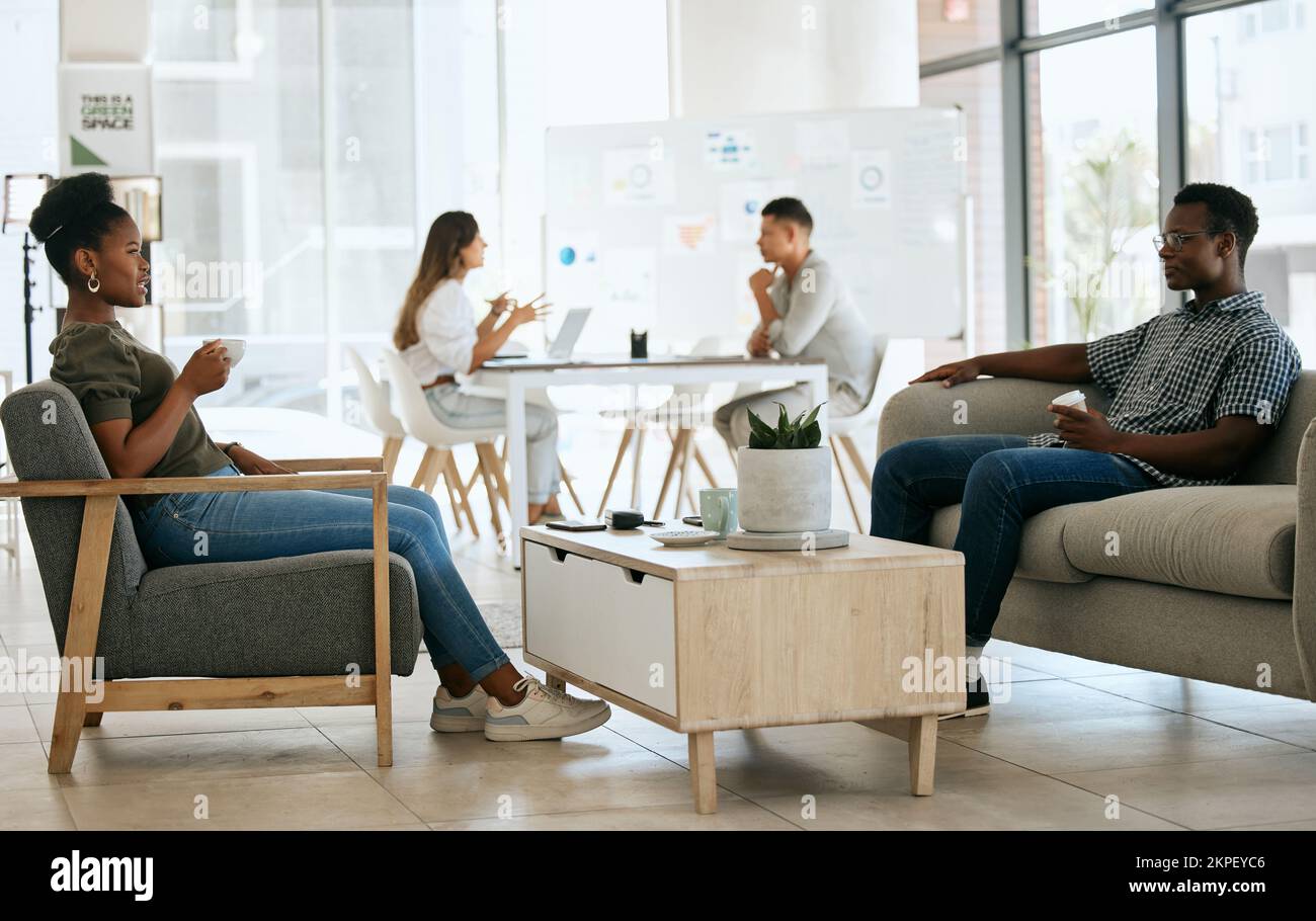 Business people, interview and recruitment with hr, waiting and talking in office for job seeker ...