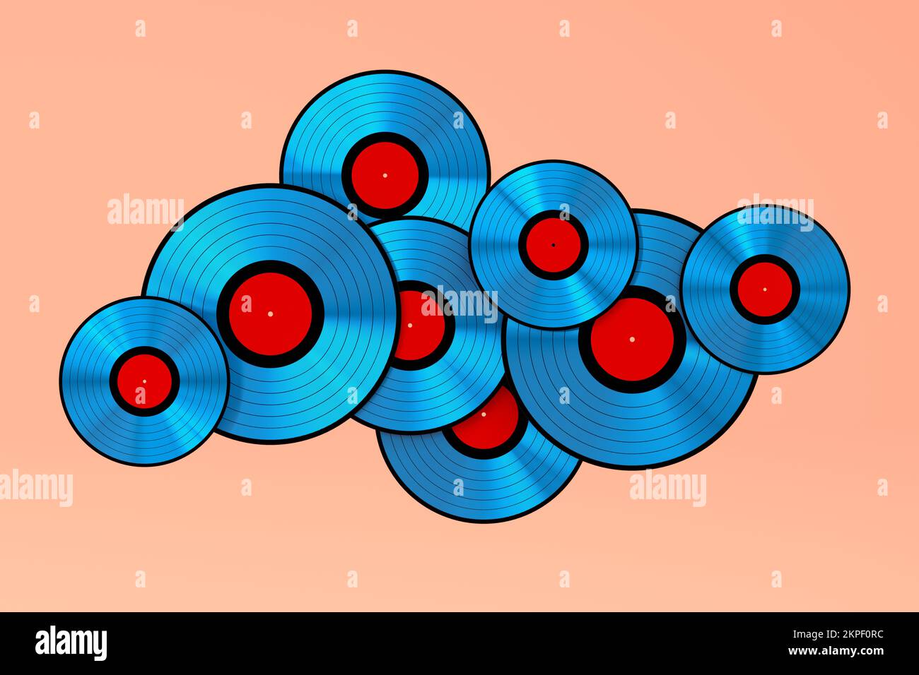 Set of vinyl LP records with label isolated on coral background. 3d ...