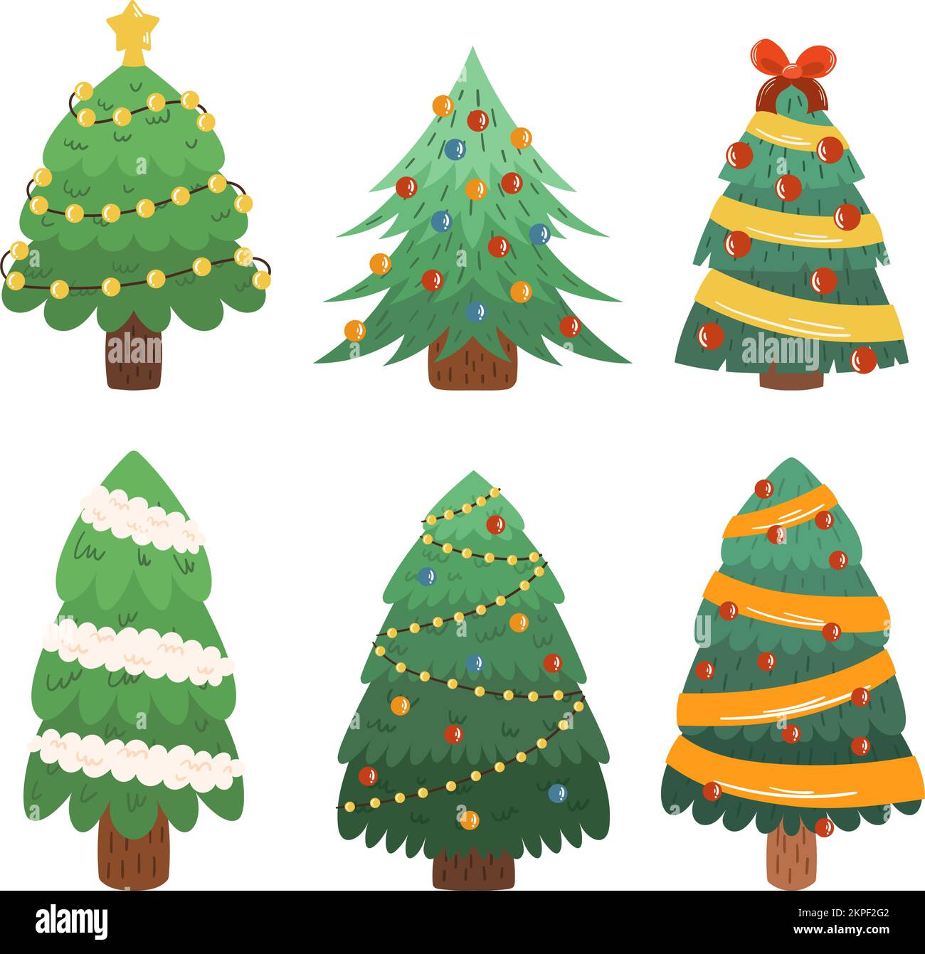 Collection of flat cartoon Christmas trees. Decorated pine and fir with ...