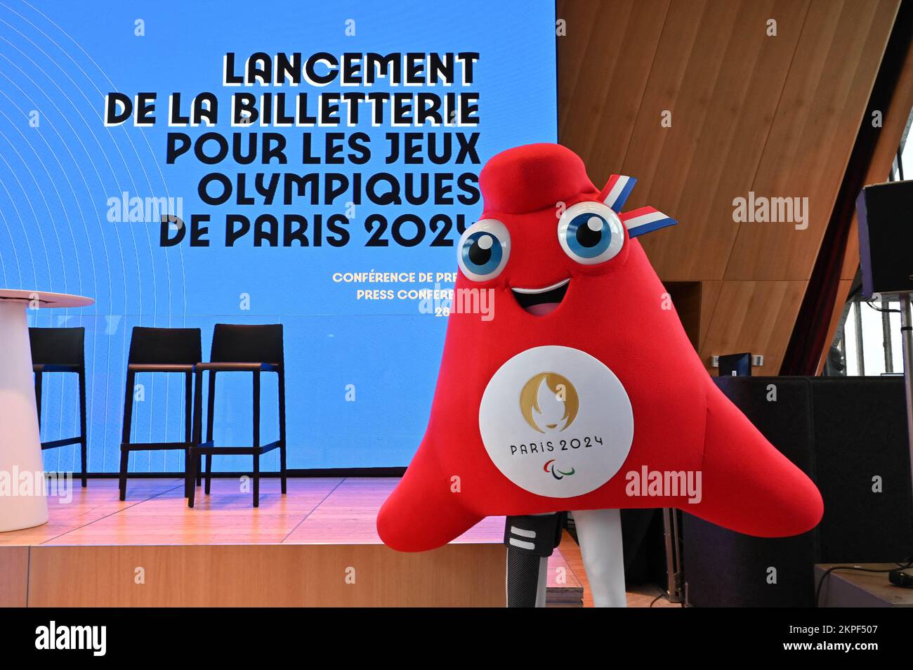 The Paris 2024 Olympic Games mascot during the press conference on the ...