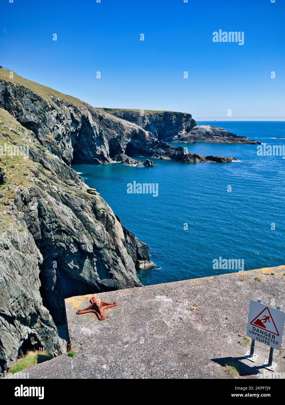 Danger unprotected cliffs sign on Atlantic Ocean west coast of Ireland ...