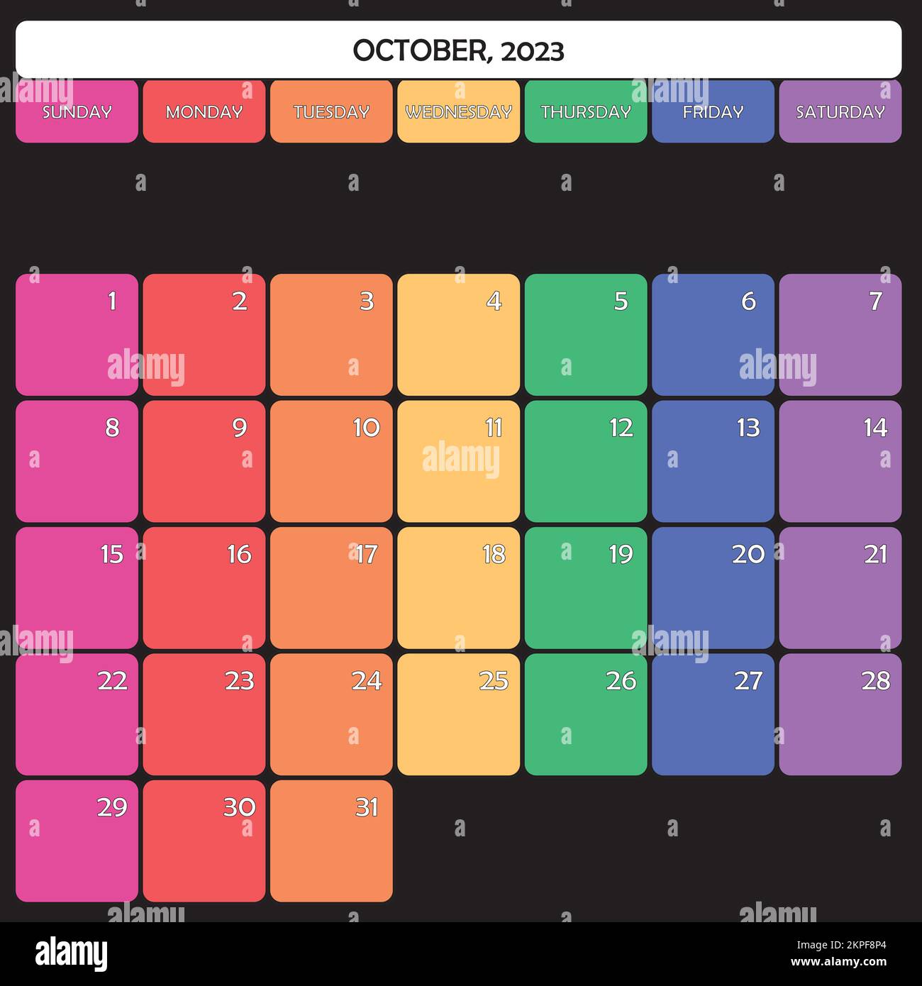 October 2023 Planner Calendar big editable space color day Stock Vector ...