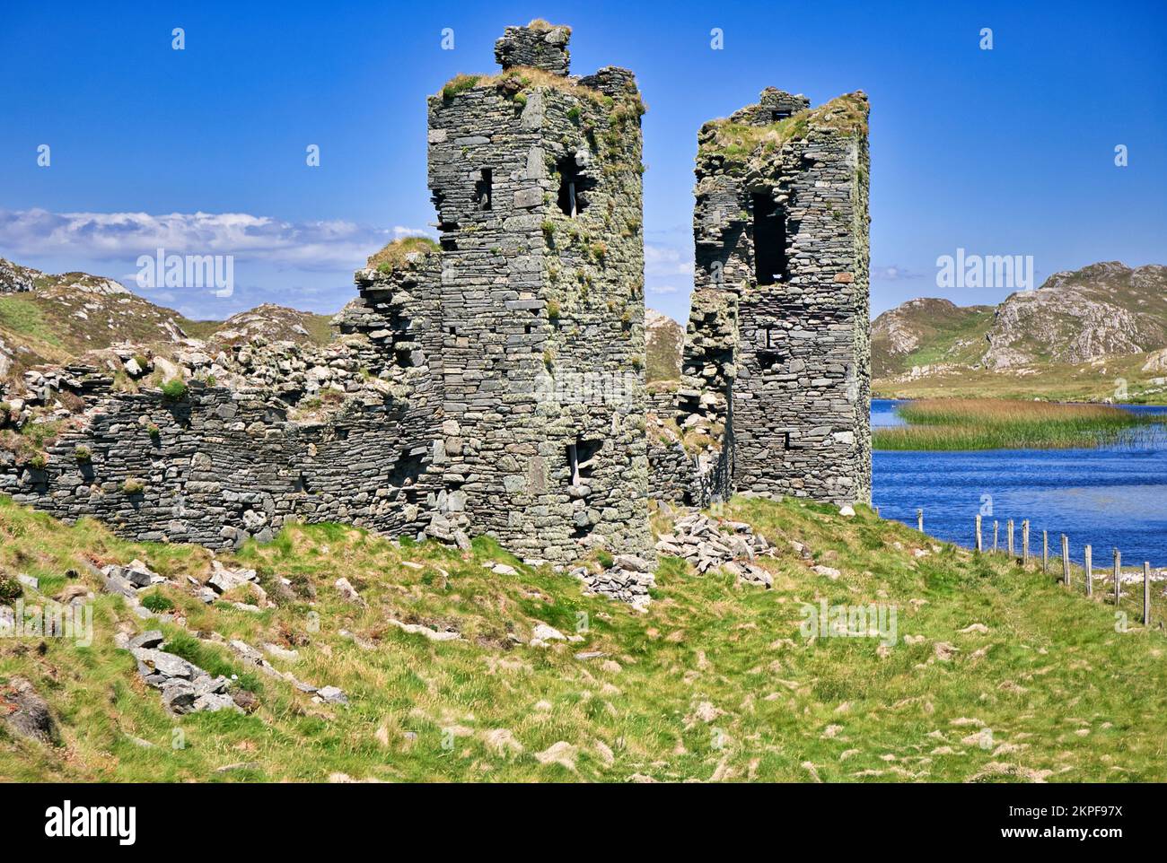 13th century Dunlough Castle set atop cliffs next to the Dun Lough Lake ...
