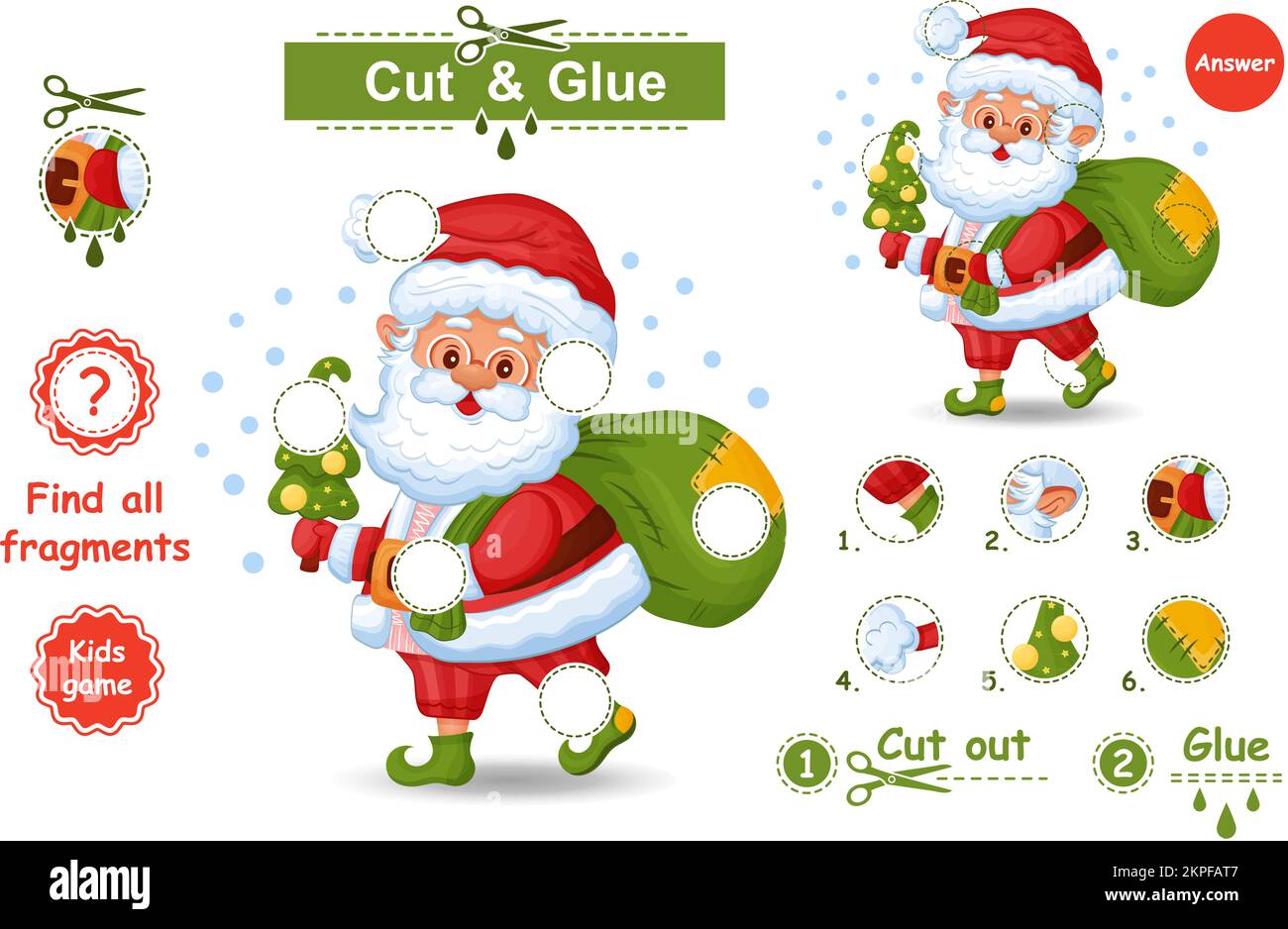Cut and glue New Year Santa Claus missing puzzle piece, education ...