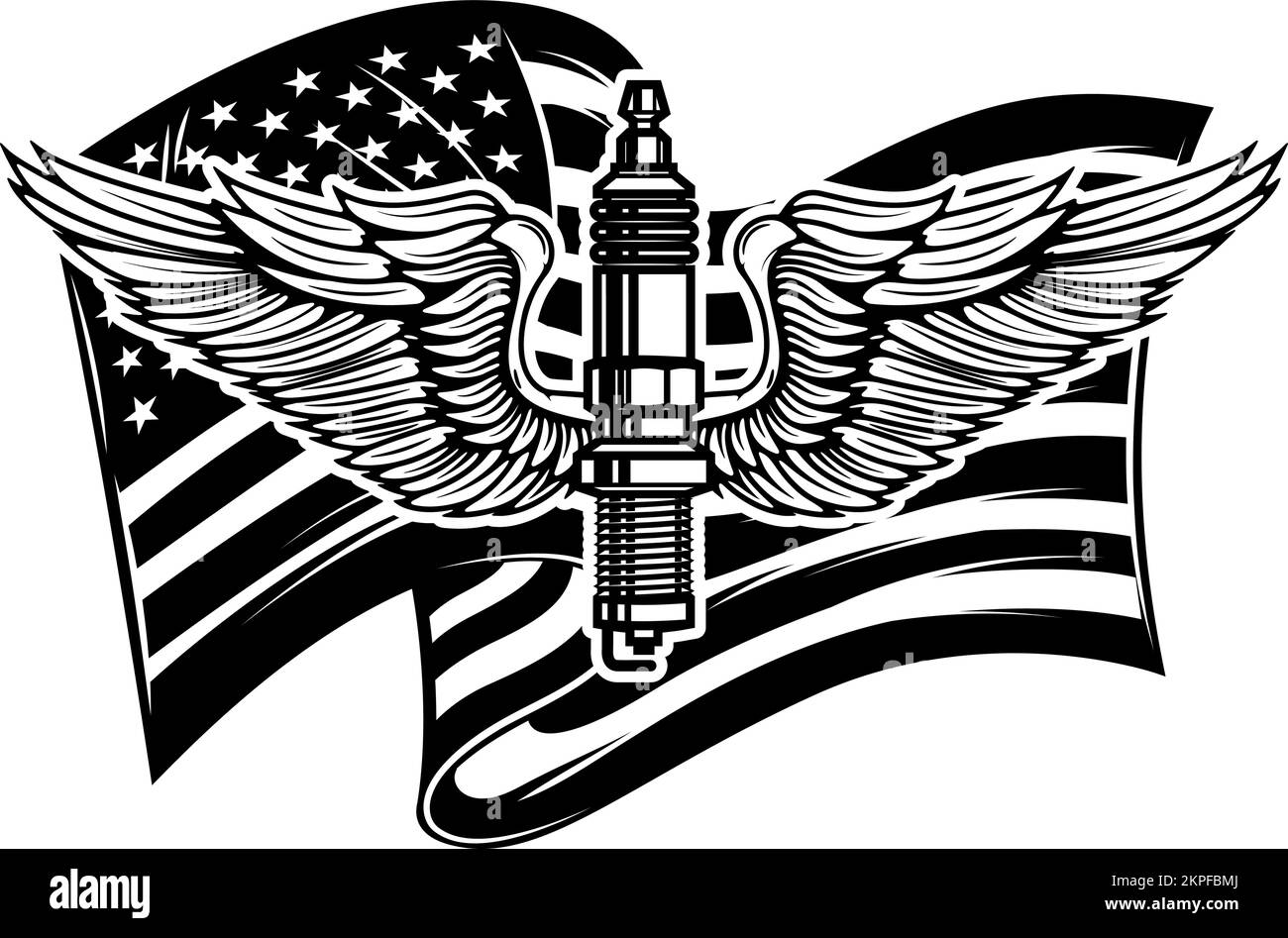 Illustration of winged spark plug on american flag background. Design ...
