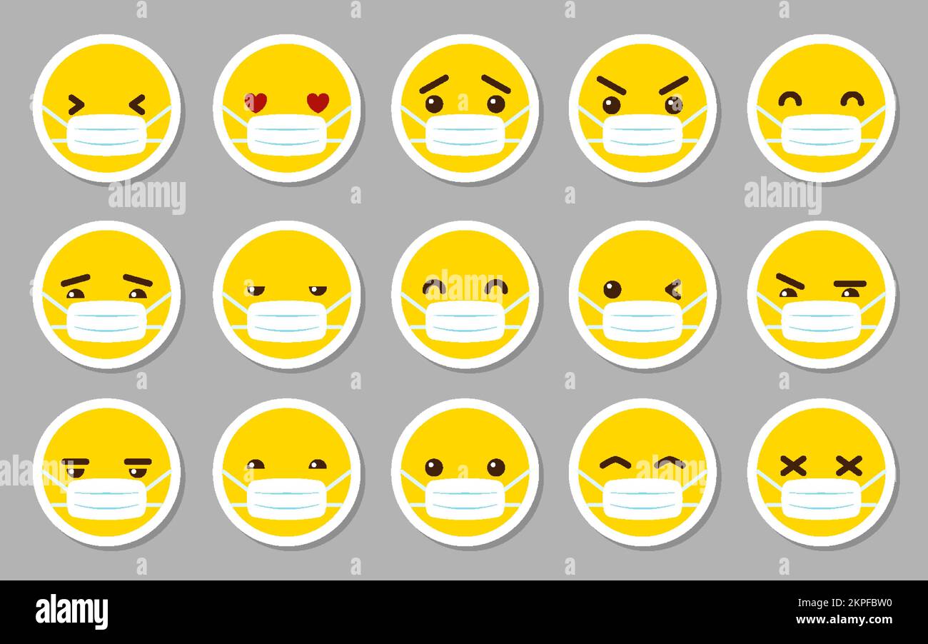 Emoticon yellow face sticker flat icon set. Emoji with white medical ...