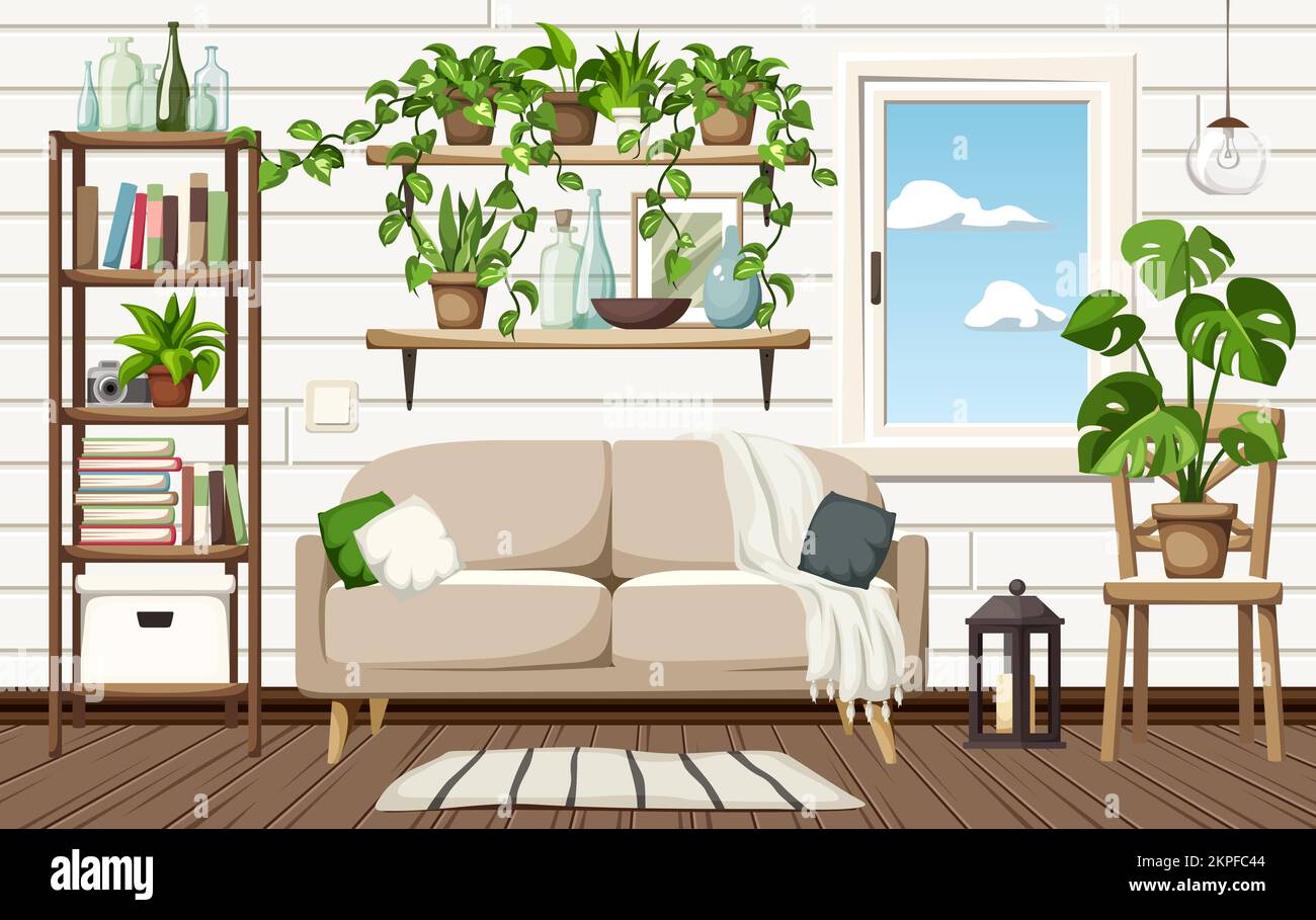 Room interior with a sofa, a shelving, bookshelves, a window, and ...