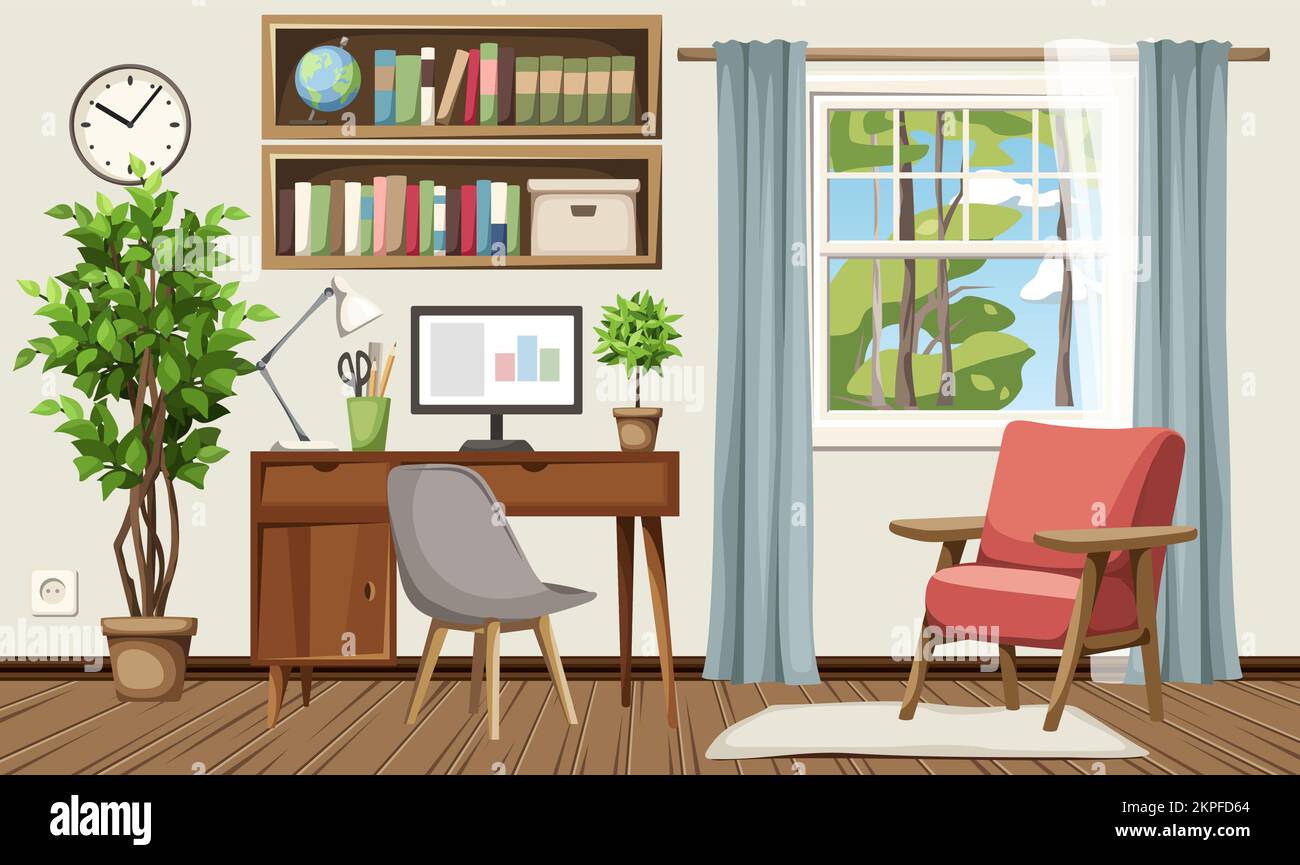 Room interior with a desk, an armchair, bookshelves, a window, and a ...