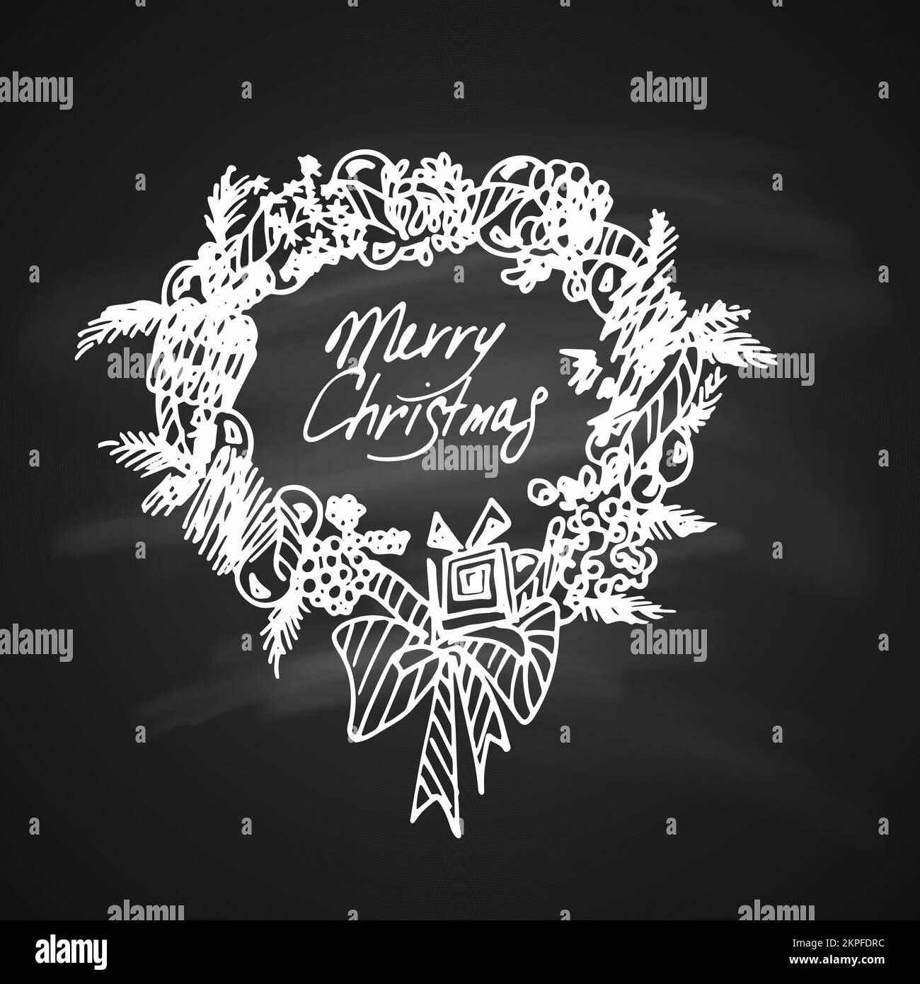 Chalk Drawing Artistic Doodle Icon. Christmas Greeting Wreath. New Year ...