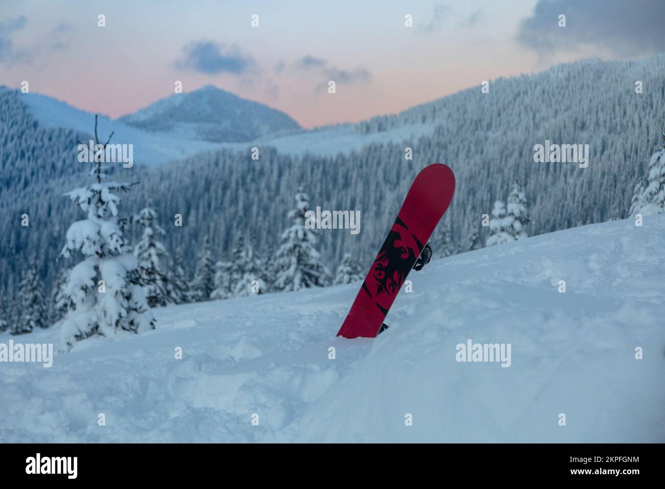 Marmaros, The Carpathians, UKRAINE - Feb 11 2021: Red snowboard Never ...