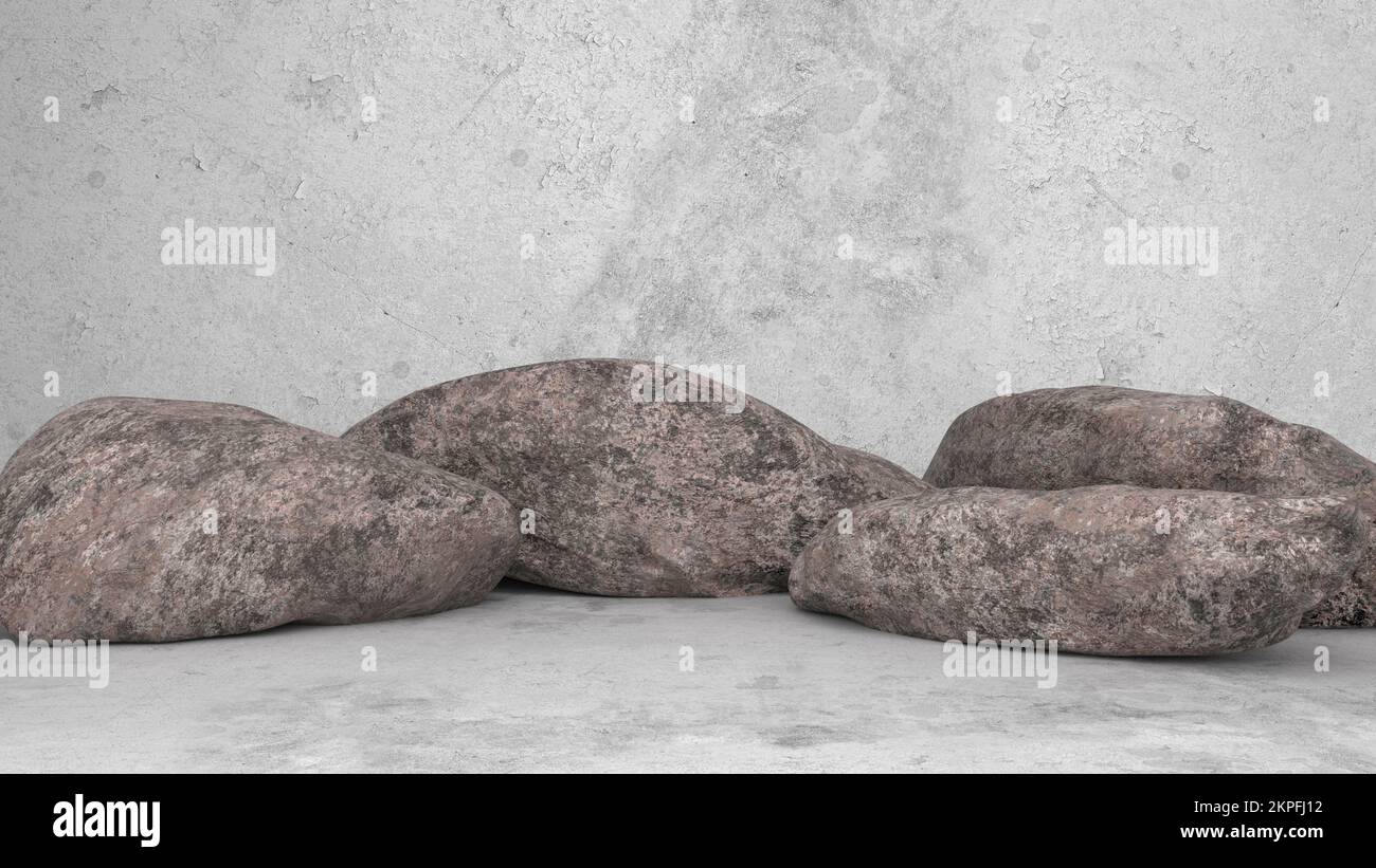 Banner with large stones on the background of a concrete wall. 3D ...