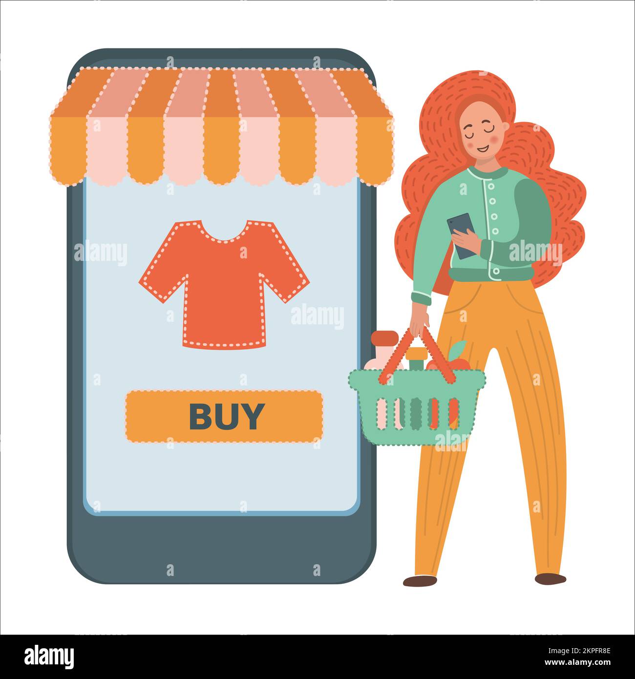 ONLINE CUSTOMER Red Haired Woman With Shop Basket And Smartphone Flat ...
