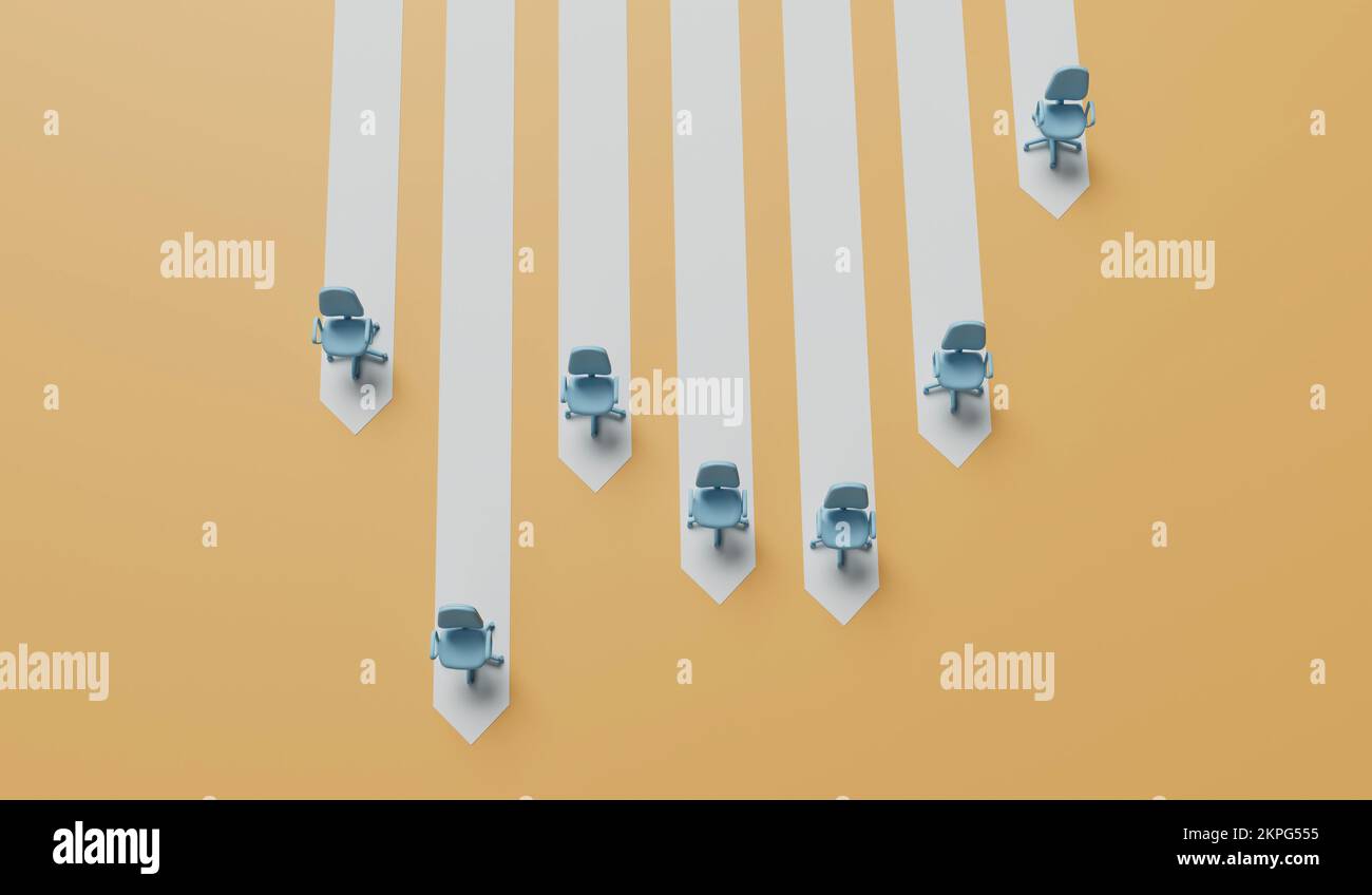 Business leadership concept. office chairs on an arrow path with one ...