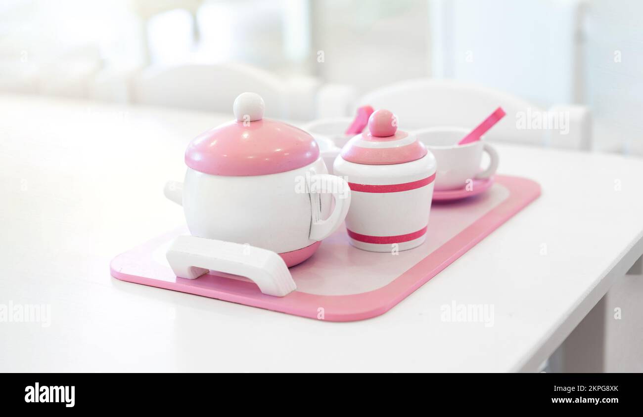 A set of pink white pastel color wood toy tea cups including 2 coffee ...