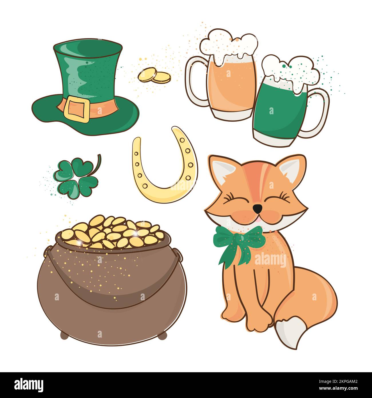 PATRICK SYMBOLS Fox With Green Bow And Pot Of Gold Coins Saint Patrick ...