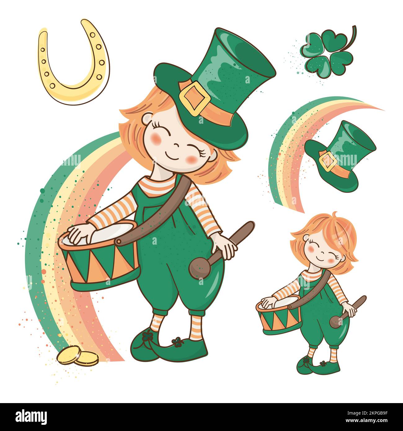 PATRICK CLOVER Redhead Boy With Drum In Green Pants And A Green Hat On ...