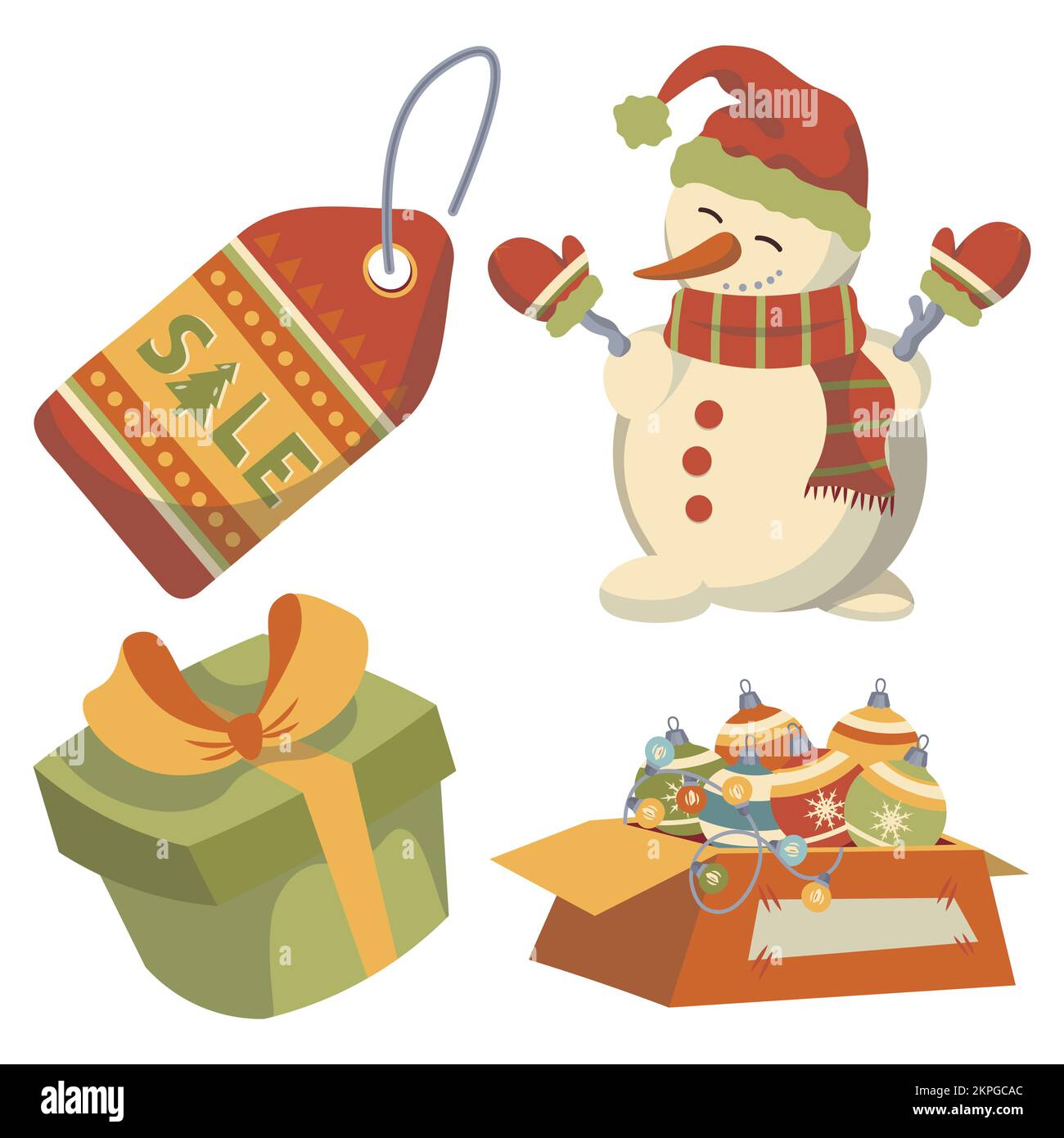 set of vector images of christmas snowman in hat gifts box with christmas decorations Stock ...