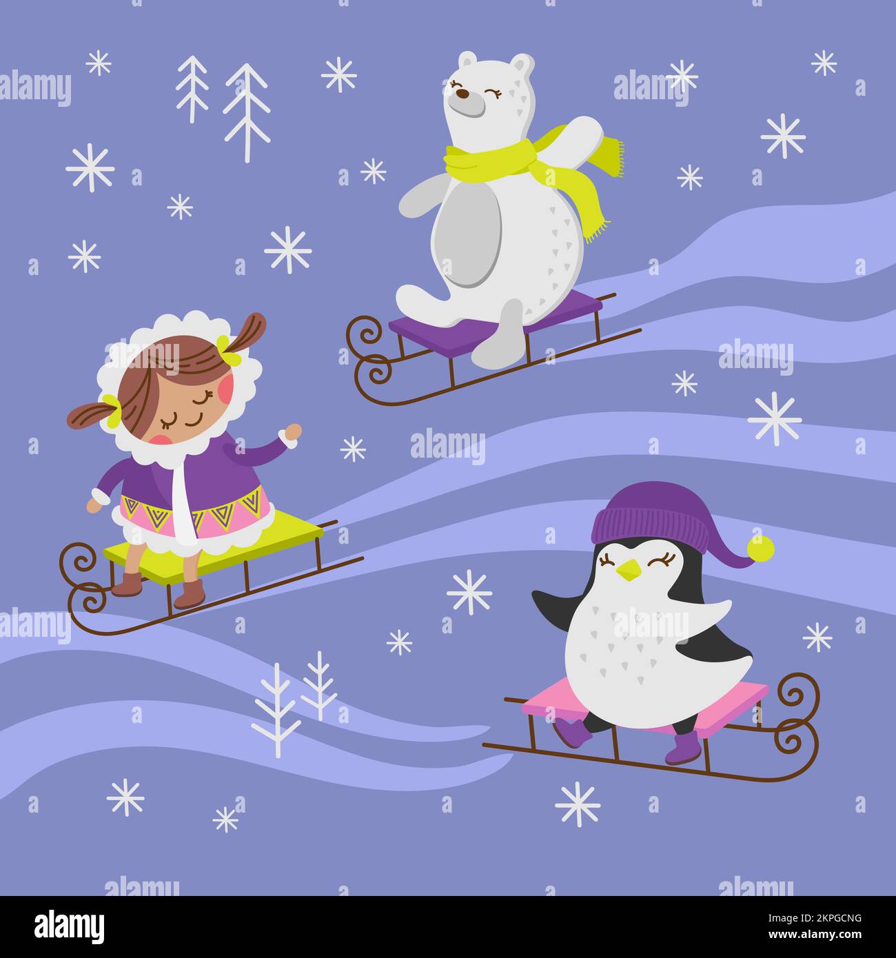 PENGUIN SLED Alaska Girl Winter Holiday Comic Funny Animal Flat Design ...